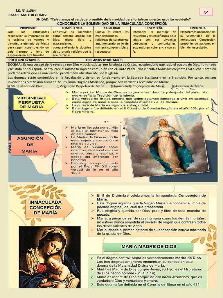 Ficha #2 Grado 5° Conocemos La Solemnidad de La Inmaculada Concepcion | PDF | María, madre de ...