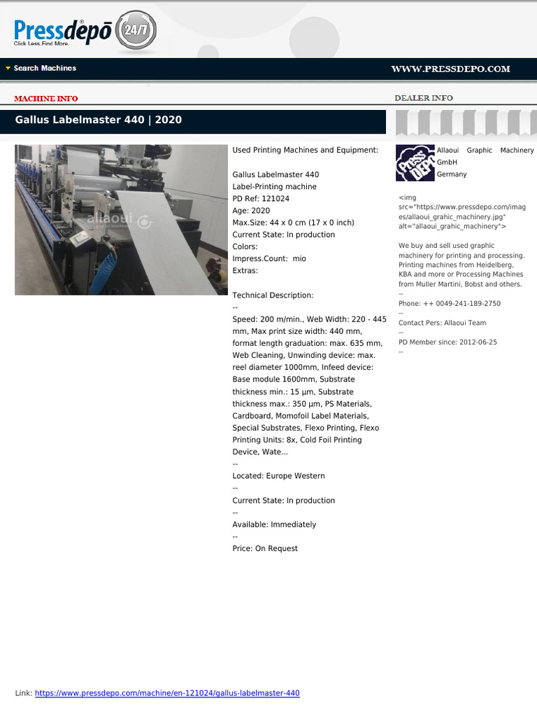 Gallus Labelmaster 440 for Sale | PDF | Industrial Processes | Printing