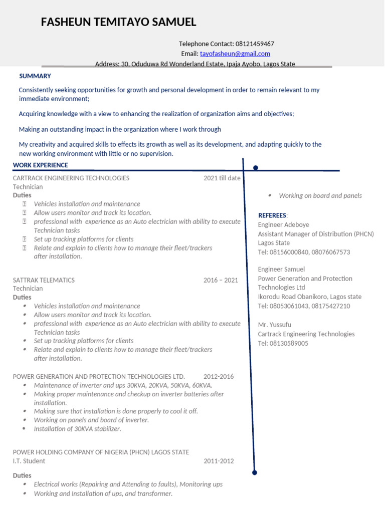 Fasheun Temitayo Samuel CV | PDF | Electrician