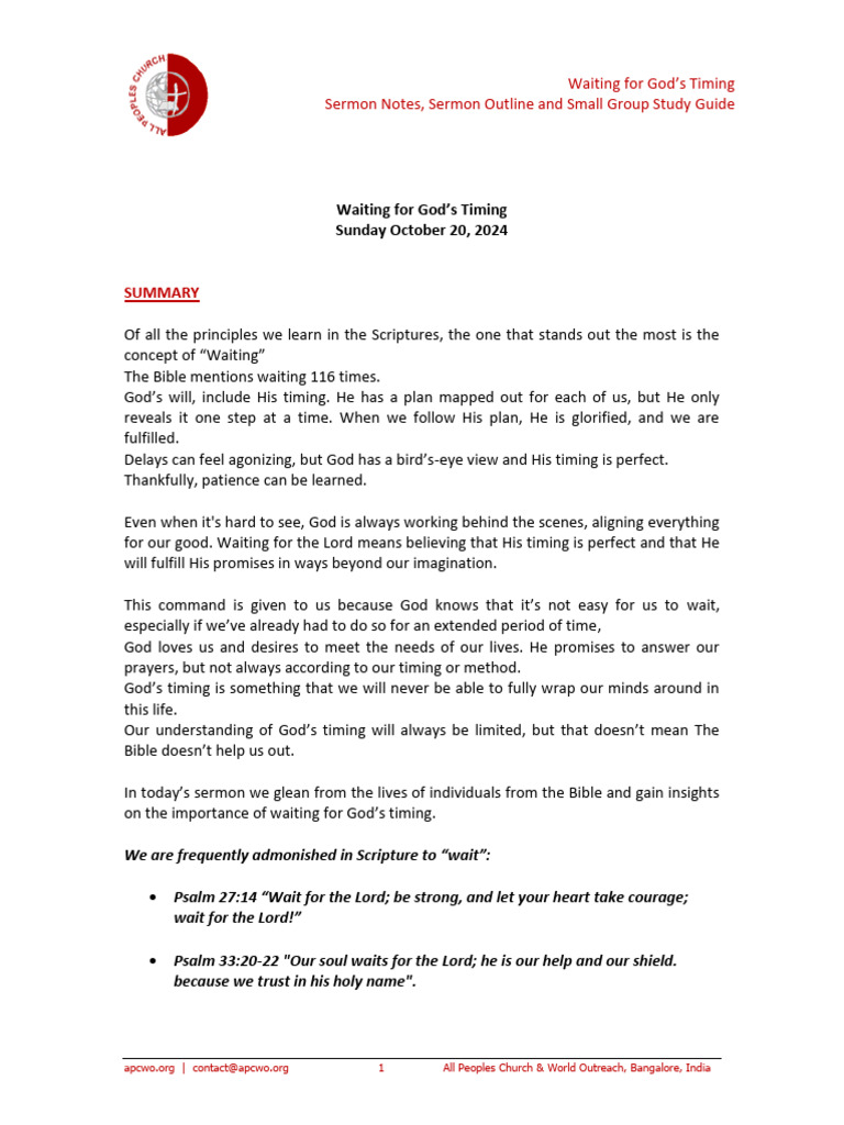 2024 10 20 Waiting For Gods Timing Ps Paul Emmanuel | PDF | Paul The ...