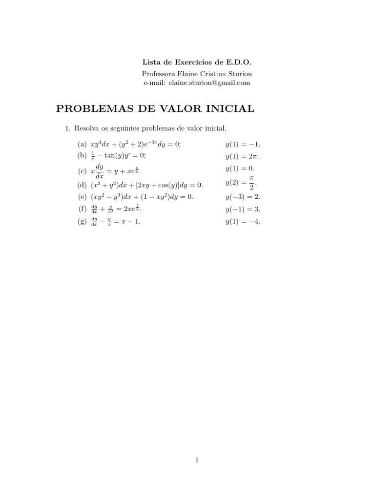 Lista de Exercicios de EDO - PVI | PDF