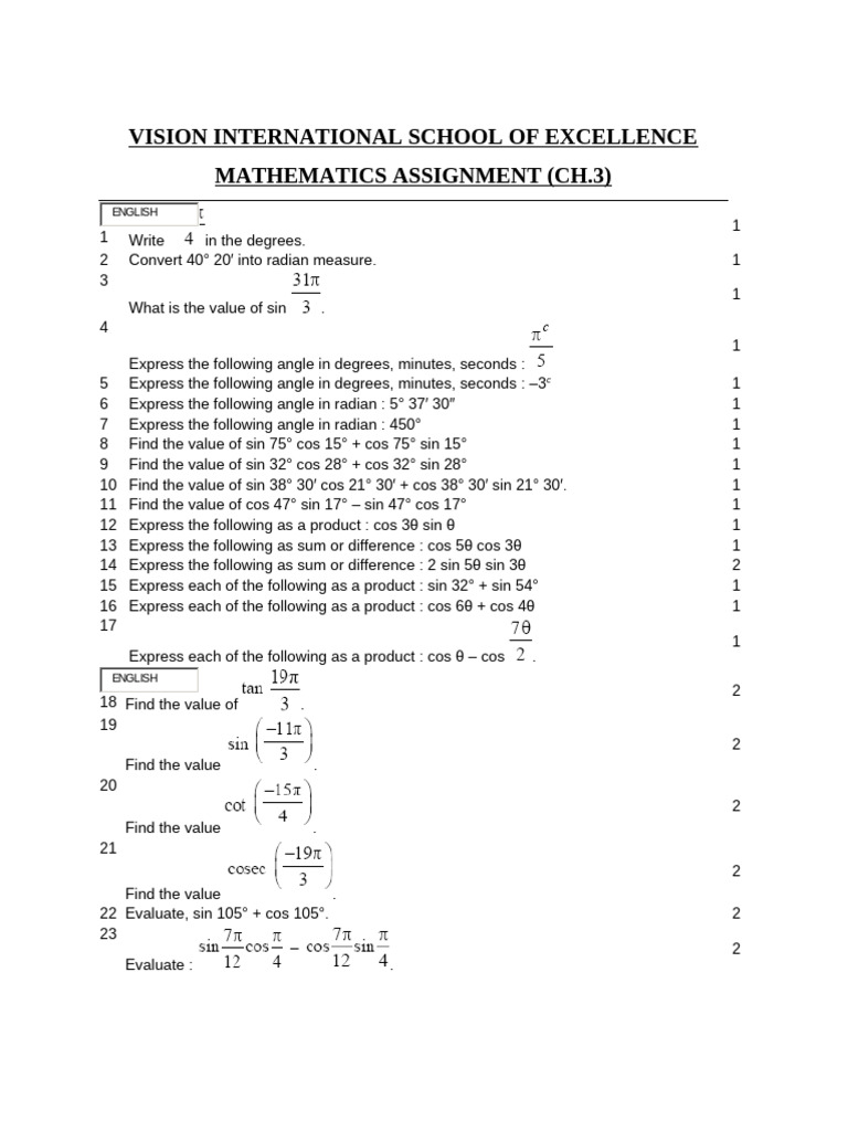 Math Assignment: Trigonometry Focus | PDF | Angle | Rotation