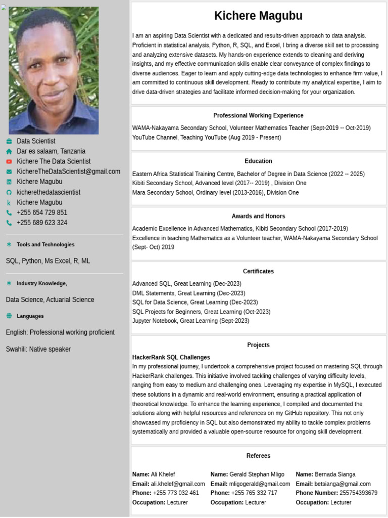 Kichere Magubu: Professional Working Experience | PDF | Data Science | Data