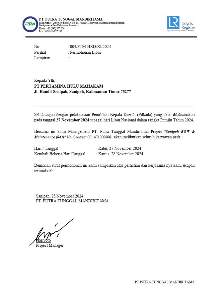 Surat Permohonan Libur - Pilkada | PDF