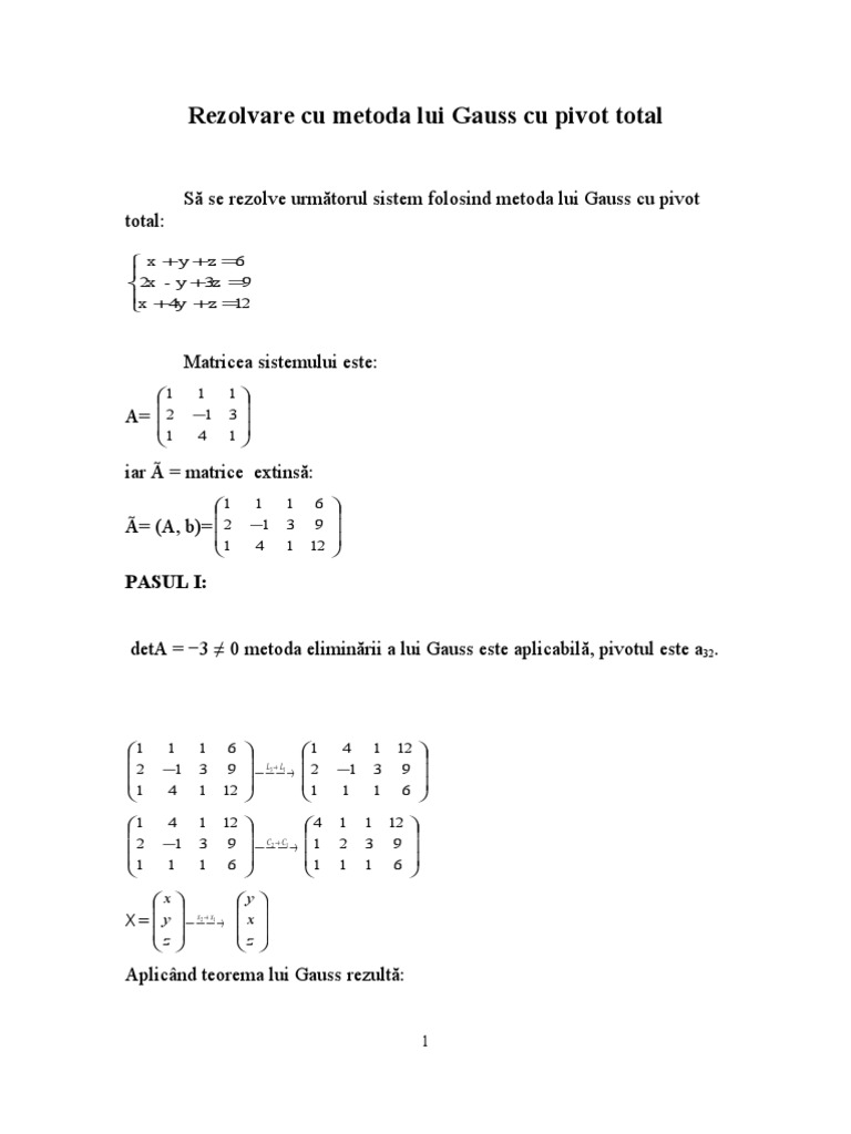 Rezolvare Cu Metoda Lui Gauss Cu Pivot Total | PDF