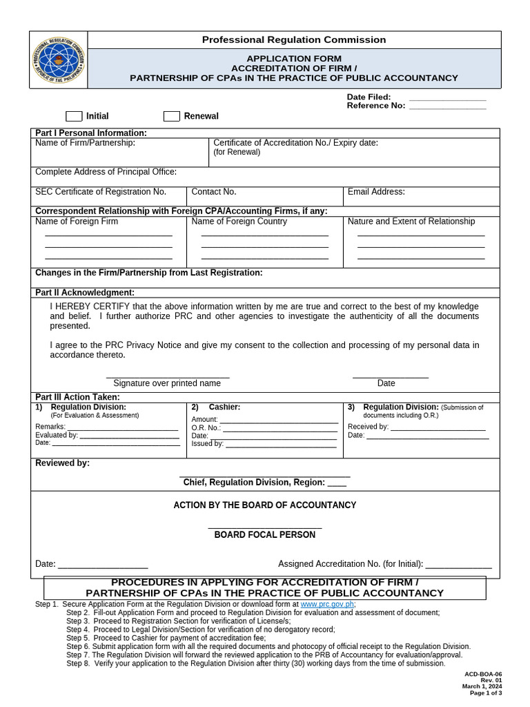 ACD-BOA-06 Rev 01 App Form Acc of Firm - Partnership | PDF | Certified ...