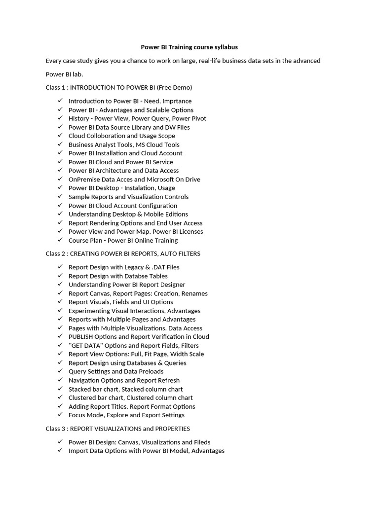 Power BI Training Course Syllabus | PDF | Chart | Cloud Computing