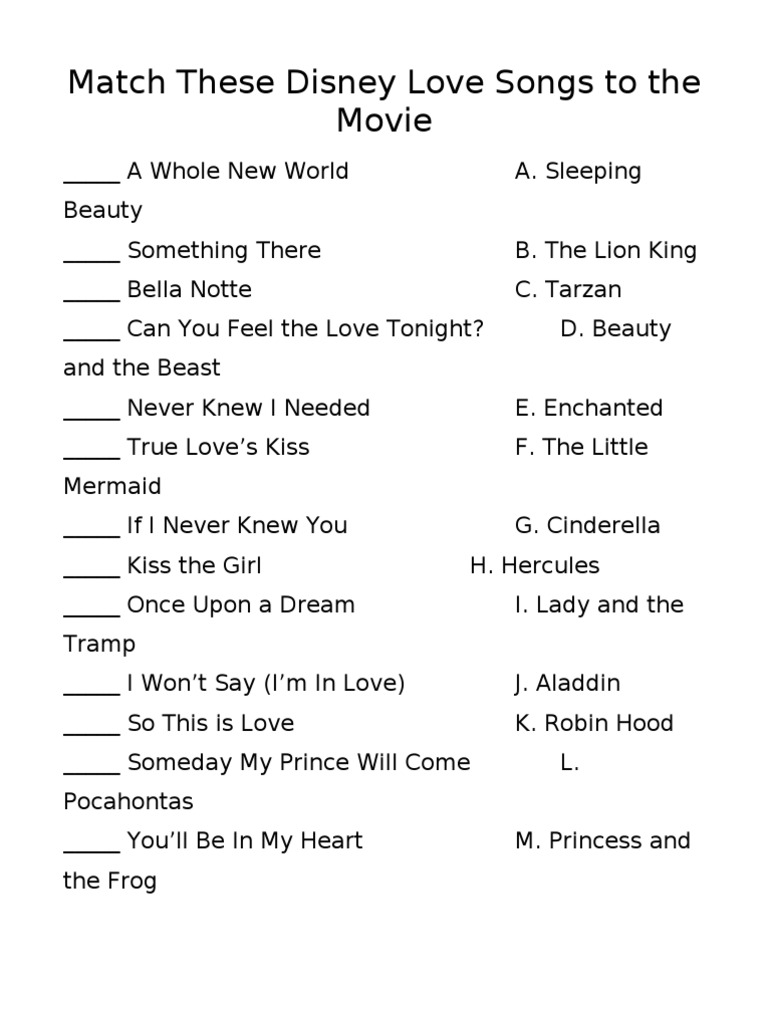 Disney Love Songs Movie Match Game | PDF | Poetry | Art