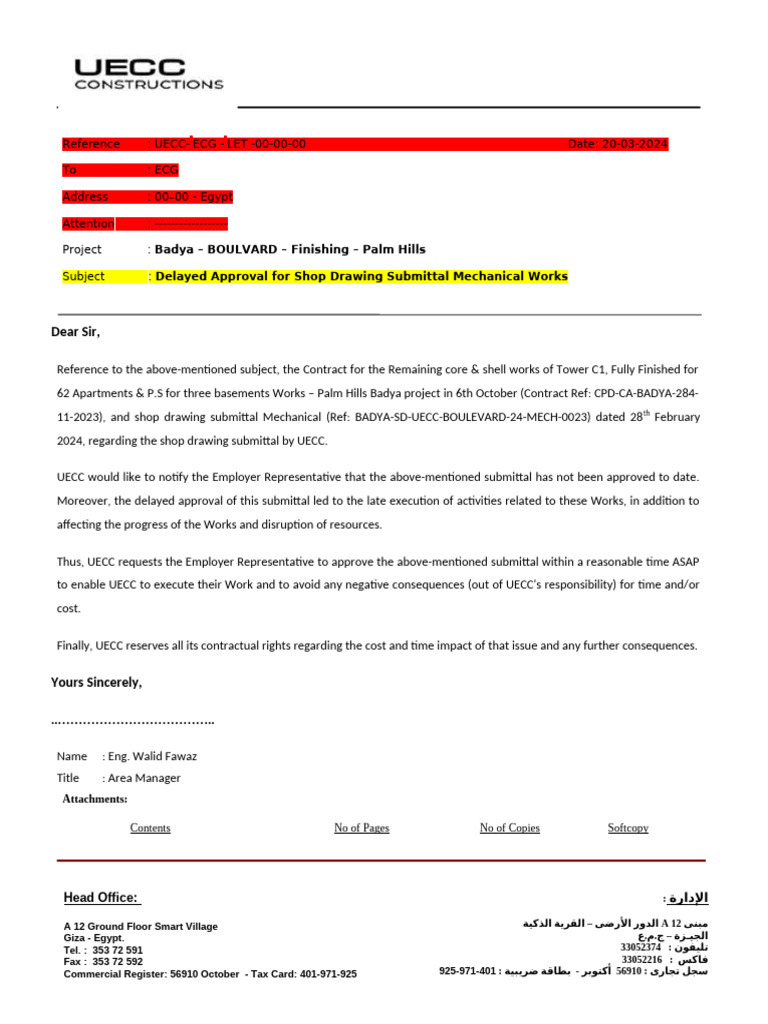 Delayed Approval For Documents Submitted by UECC - Badya - NOC Building. | PDF