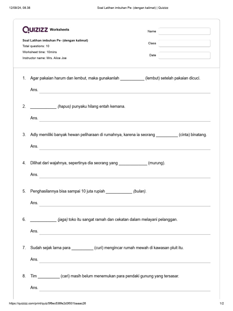 Soal Latihan Imbuhan Pe - (Dengan Kalimat) - Quizizz | PDF