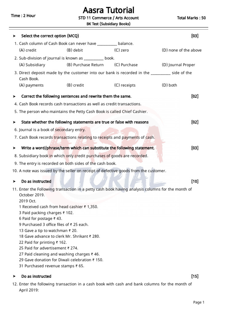 11C BK Test (Subsidiary Books) | PDF | Credit Card | Cheque