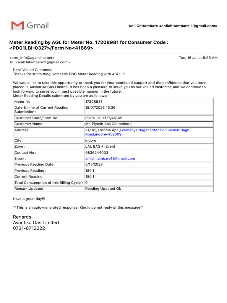 Meter Reading by AGL For Meter No. 17208981 For Consumer Code ...