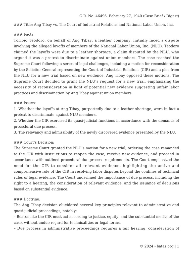 Ang Tibay v. Cir Case Digest | PDF | Trials | Precedent
