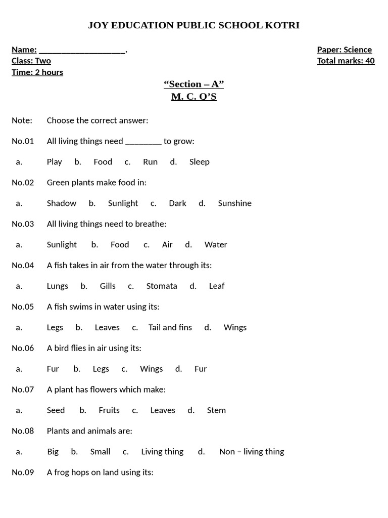 Class 2 Science Question Paper | PDF | Leaf | Foods