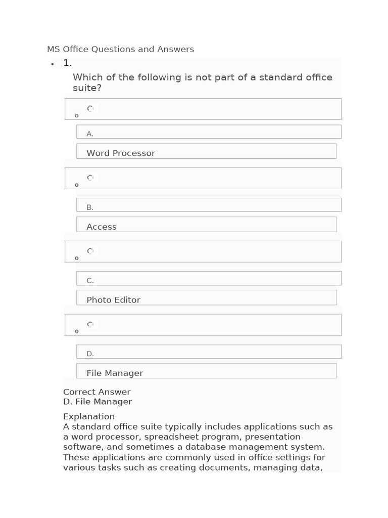 MS Office Questions and Answers | PDF | Microsoft Excel | Spreadsheet