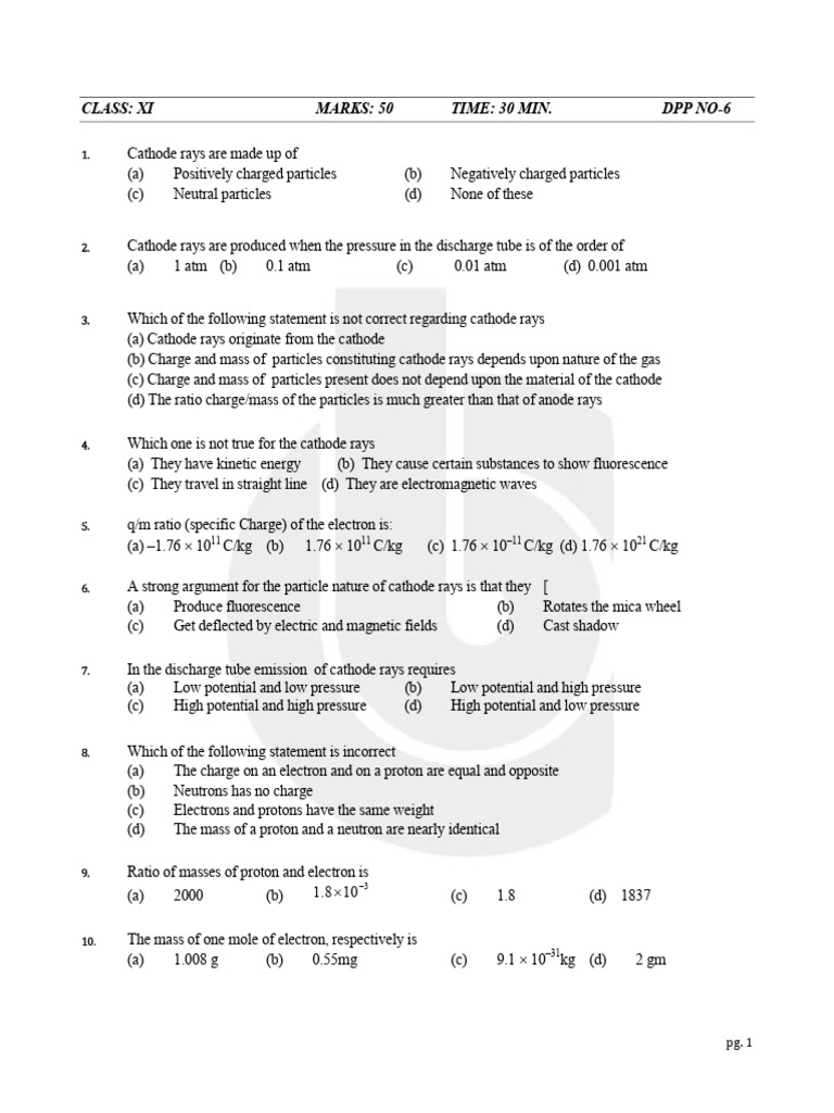 DPP 1 Atomic Structure | PDF | Proton | Neutron