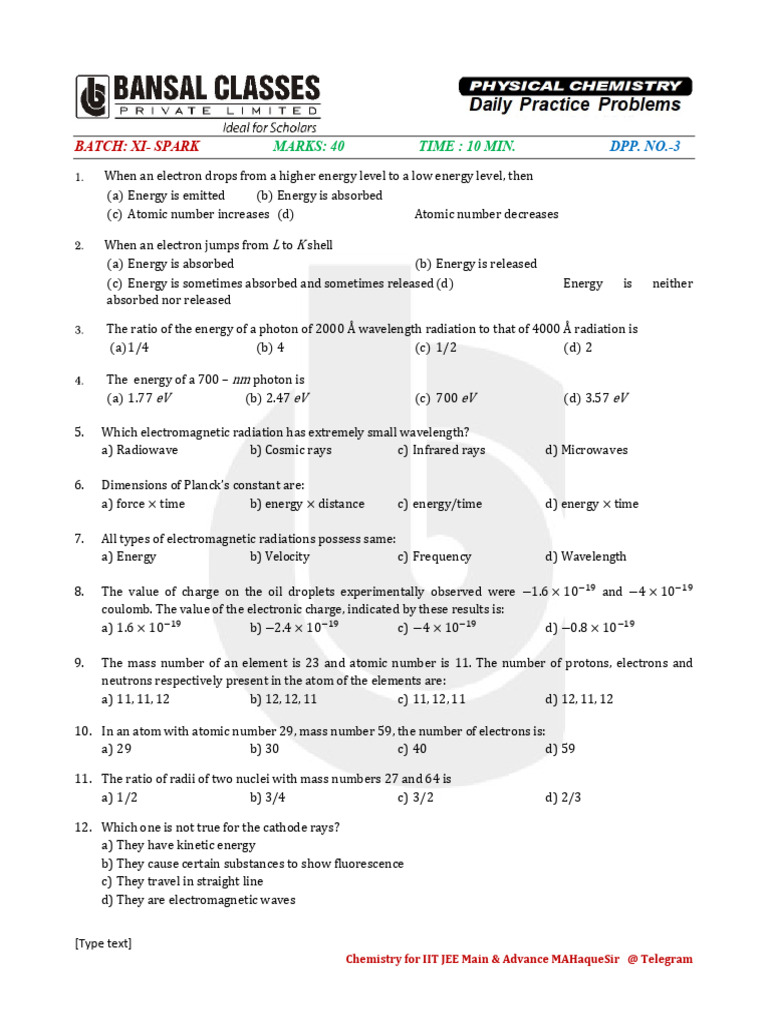 Dpp 3 Atomic Structure Pdf Electromagnetic Radiation Electron