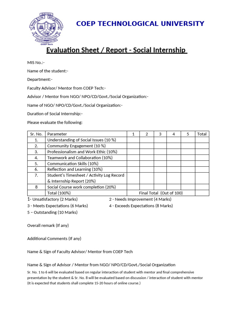 Social Internship Evaluation Report | PDF | Mentorship | Reflective ...