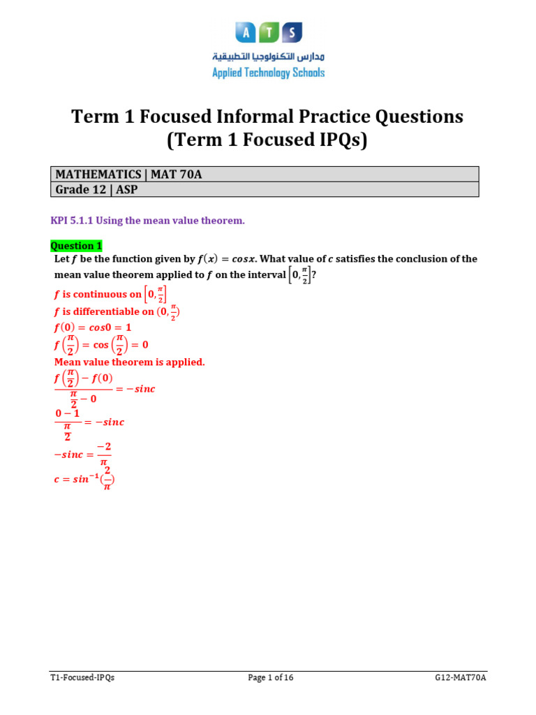 AY2425 T1 MAT70A Focused IPQ AK | PDF | Integral | Mathematical Logic