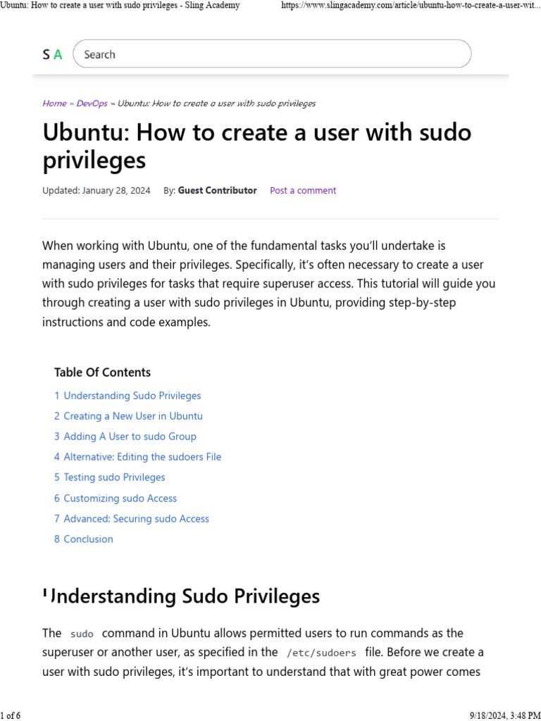 Ubuntu How To Create A User With Sudo Privileges - Sling Academy | PDF | Sudo | Superuser