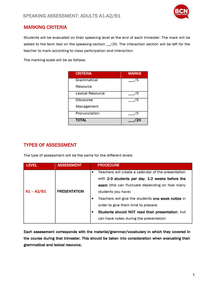 Speaking Assessment-Adults A1, A2, A2-B1 | PDF | Languages | Foreign ...