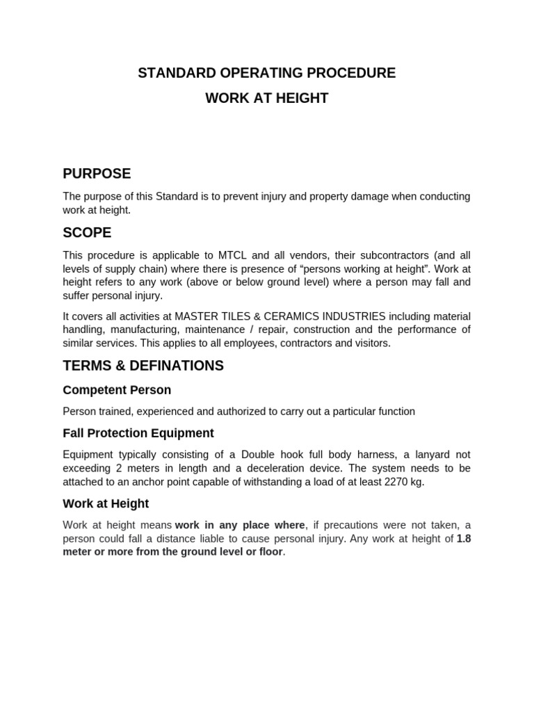 Sop For Work at Height | PDF | Scaffolding | Ladder