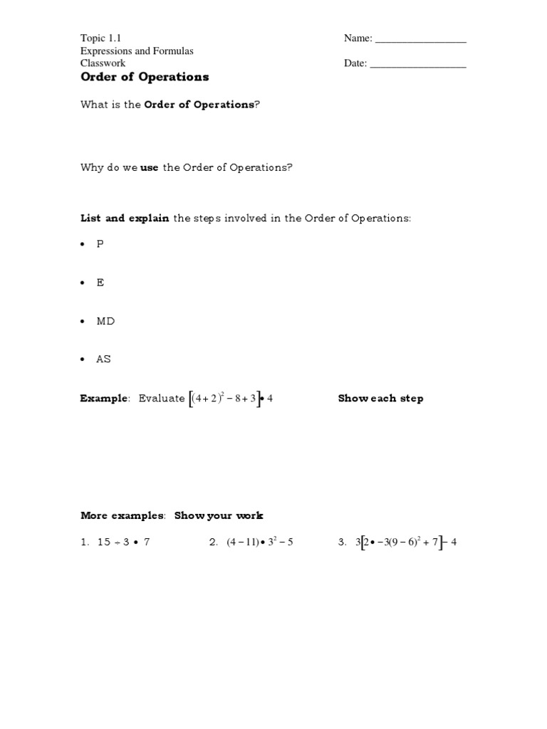 Order of Operations and Algebraic Expressions | PDF