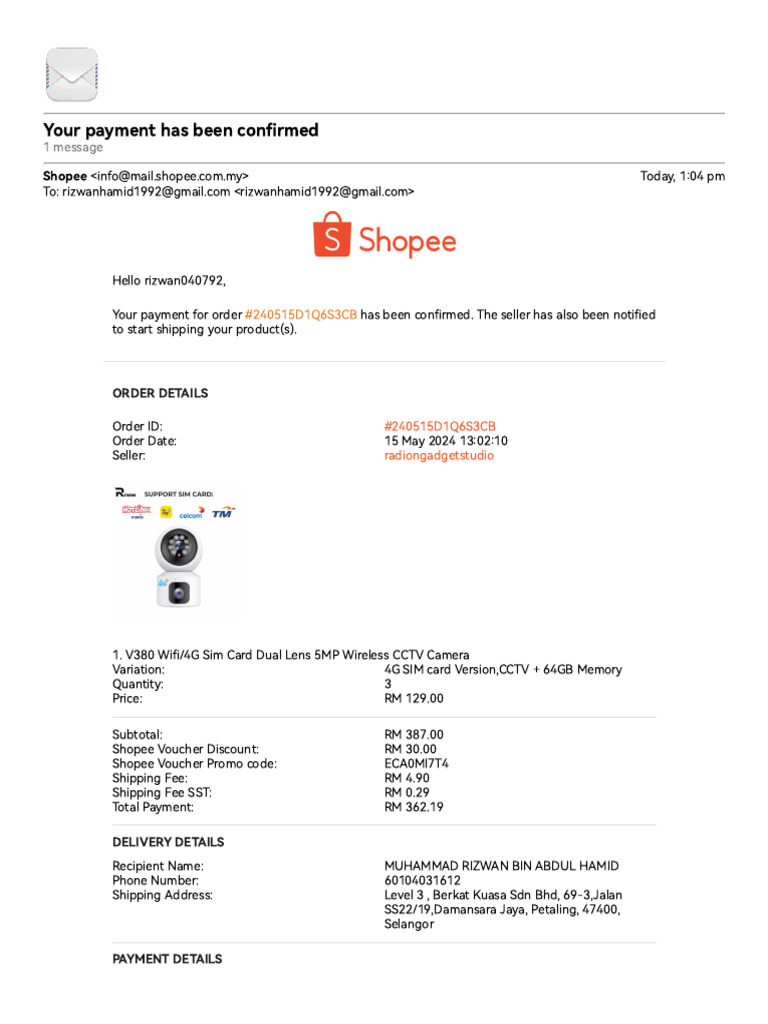 Unified Email - Your Payment Has Been Confirmed CCTV | PDF