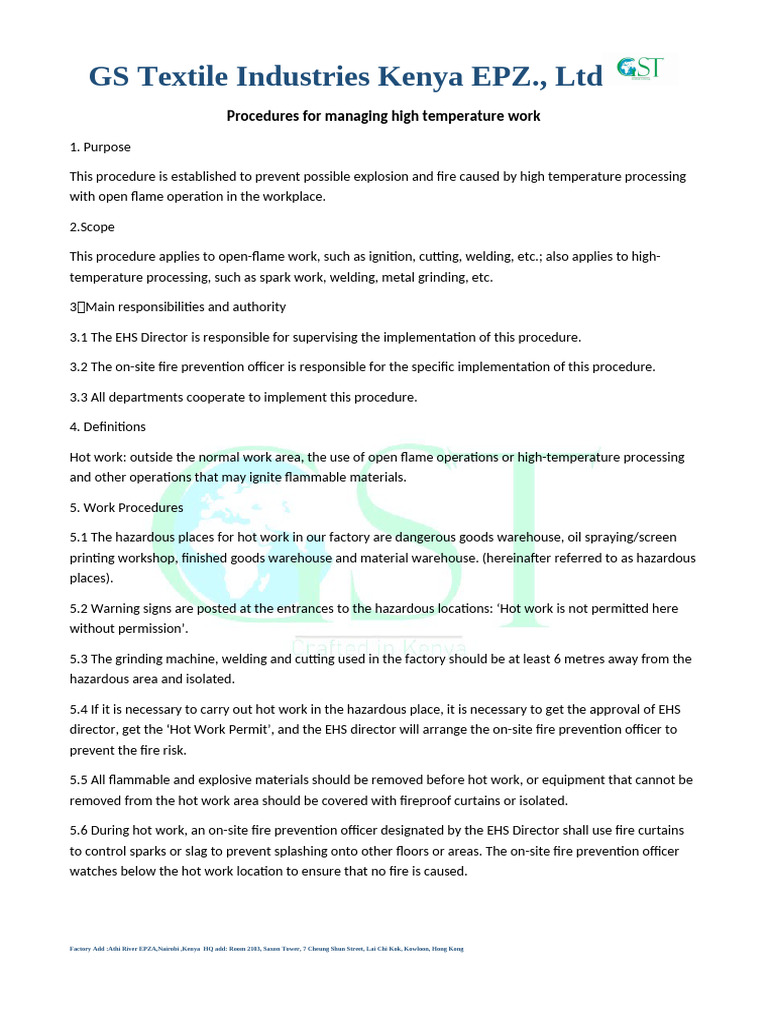 029procedures For Managing High Temperature Work | PDF | Safety | Hazards