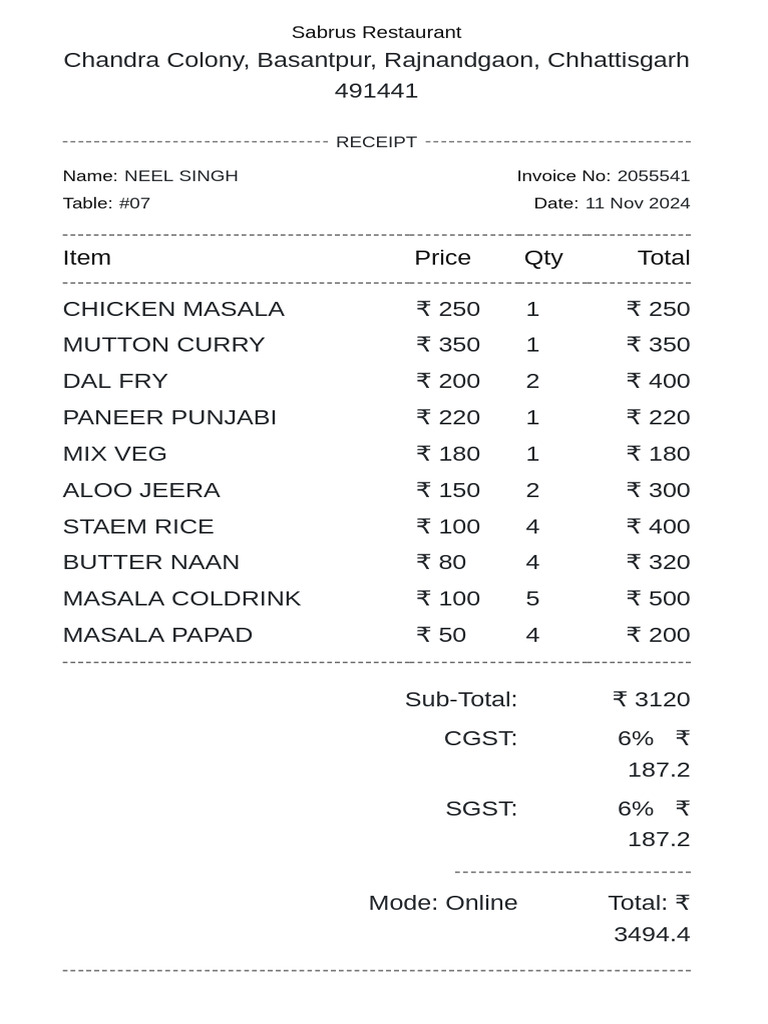 Sabrus Restaurant Bill Invoice | PDF