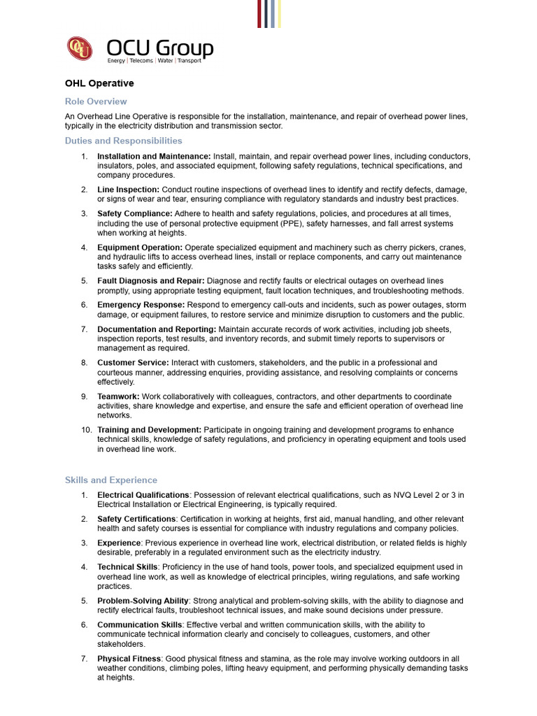 Job Description - OHL Operative | PDF | Occupational Safety And Health ...