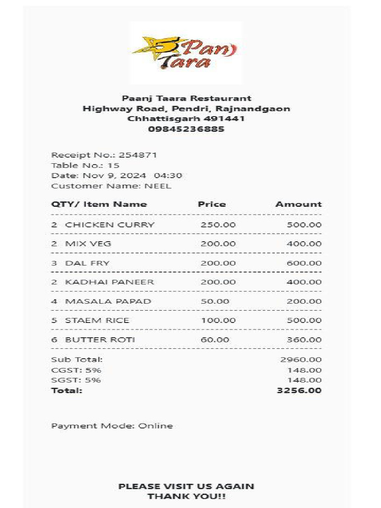 Restaurant Bill Template 2 | PDF