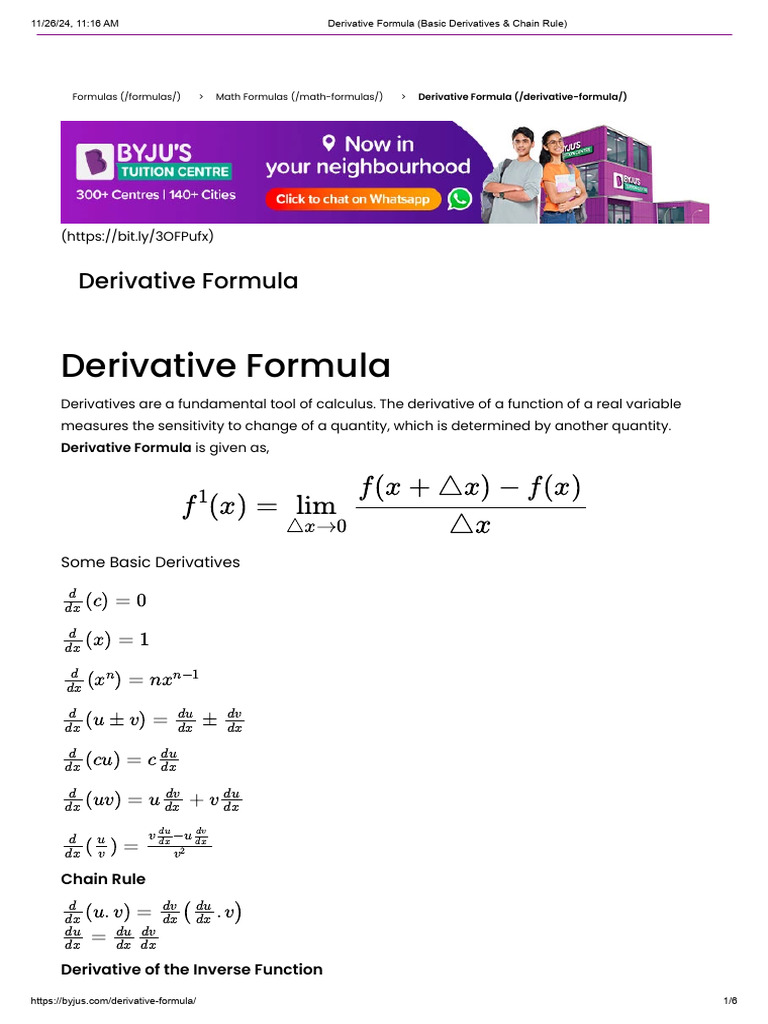 Derivative Formula (Basic Derivatives & Chain Rule) | PDF | Derivative | Mathematical Analysis