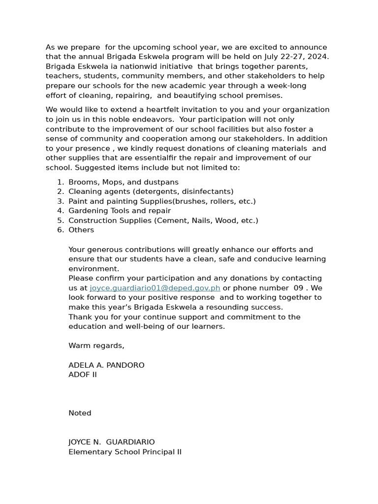 Invitation Brigada Eskwela | PDF