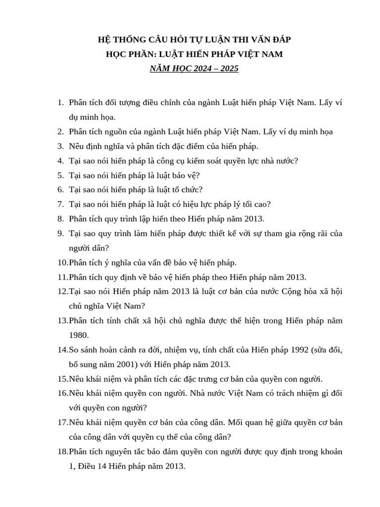 2024-2025 - Hệ Thống Câu Hỏi Tự Luận Thi Vấn Đáp LHP | PDF
