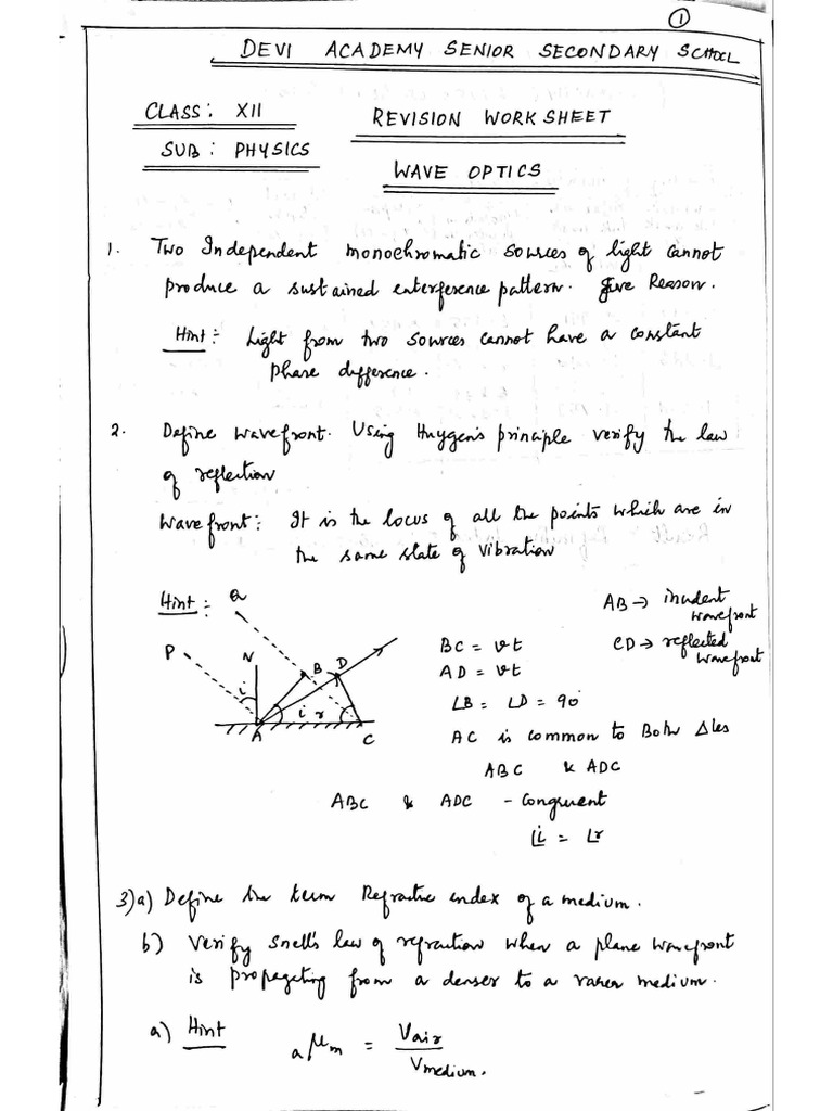 Wave Optics Worksheet | PDF