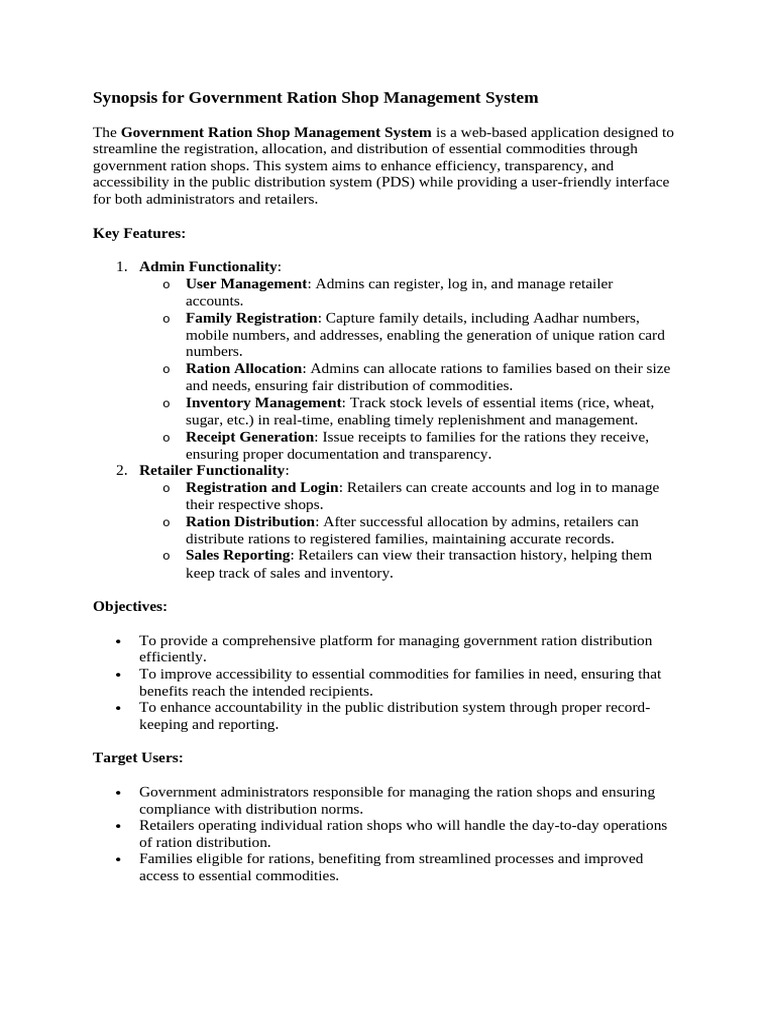 Synopsis For Government Ration Shop Management System | PDF | Databases ...