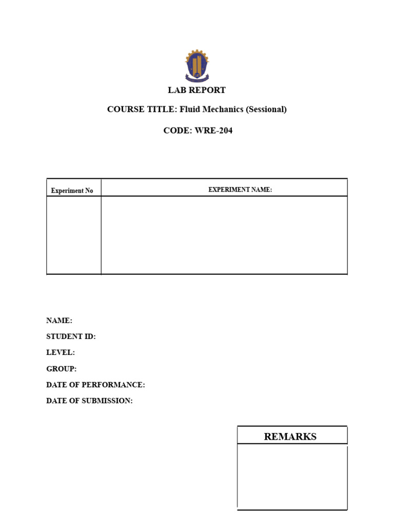 Fluid Mechanics Lab Report Cover Page | PDF