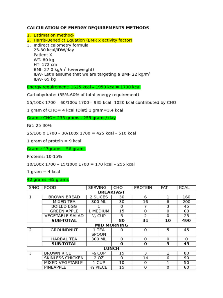 Energy Requirement Calculation Guide | PDF