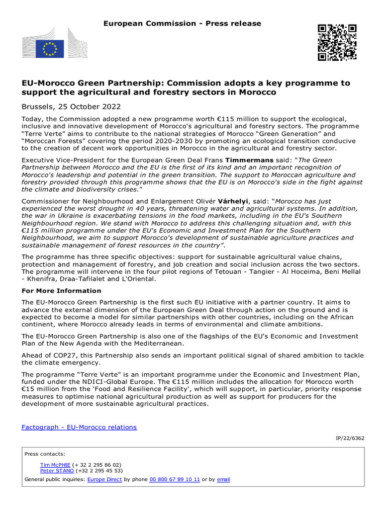 EU-Morocco Green Partnership Commission Adopts A Key Programme To Support The Agricultural and ...