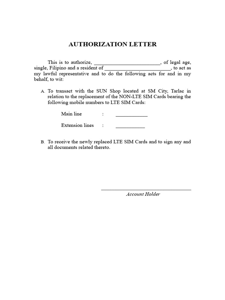 Authorization Letter To Sun Shop For Sim Replacement Atty PDF Free | PDF