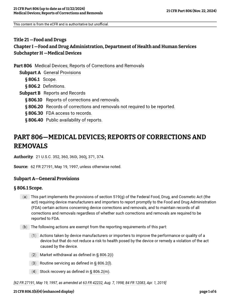 21 CFR Part 806 (Up To Date As of 11-22-2024) | PDF | Federal Food ...