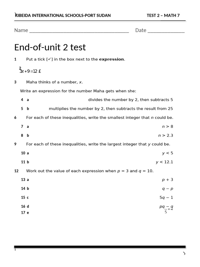 End of Unit 2 Test | PDF | Arithmetic | Mathematics