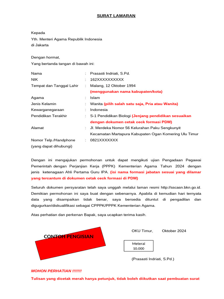 Surat Lamaran PPPK Kementerian Agama 2024 | PDF