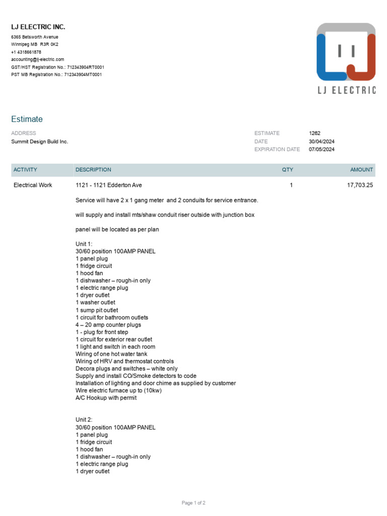 Electrical Work Estimate for Summit Design | PDF | Electrical Wiring ...