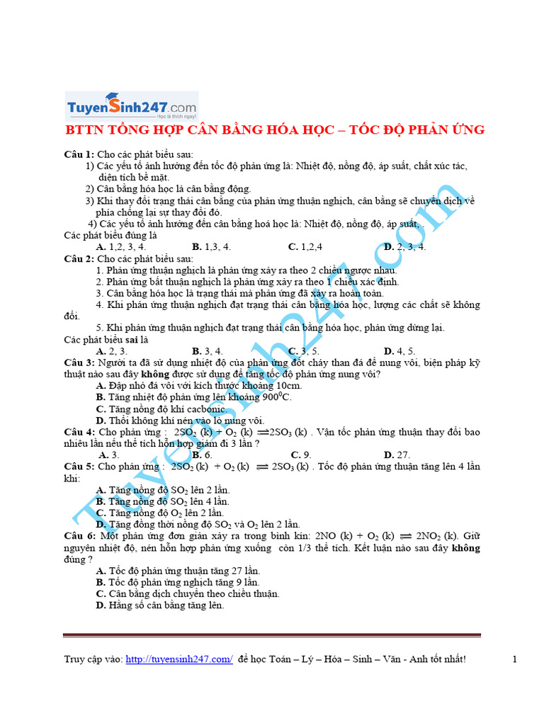 (Lib24.Vn) Bai Tap Trac Nghiem Ve Chuong Toc Do Phan Ung Va Can Bang Hoa Hoc | PDF