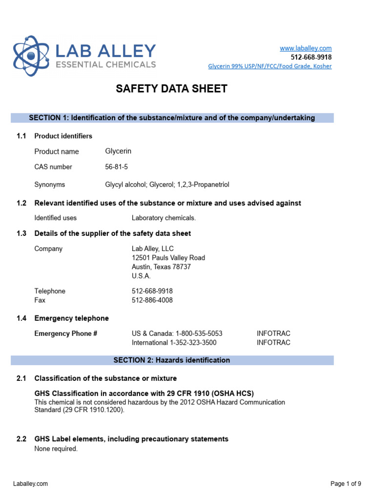 Glycerin 99% USP Safety Data Sheet | PDF | Dangerous Goods | Glycerol