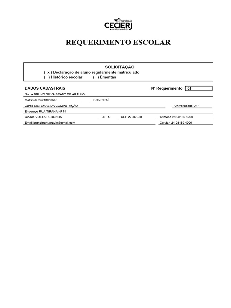 Requerimento de Declaração Escolar UFF | PDF