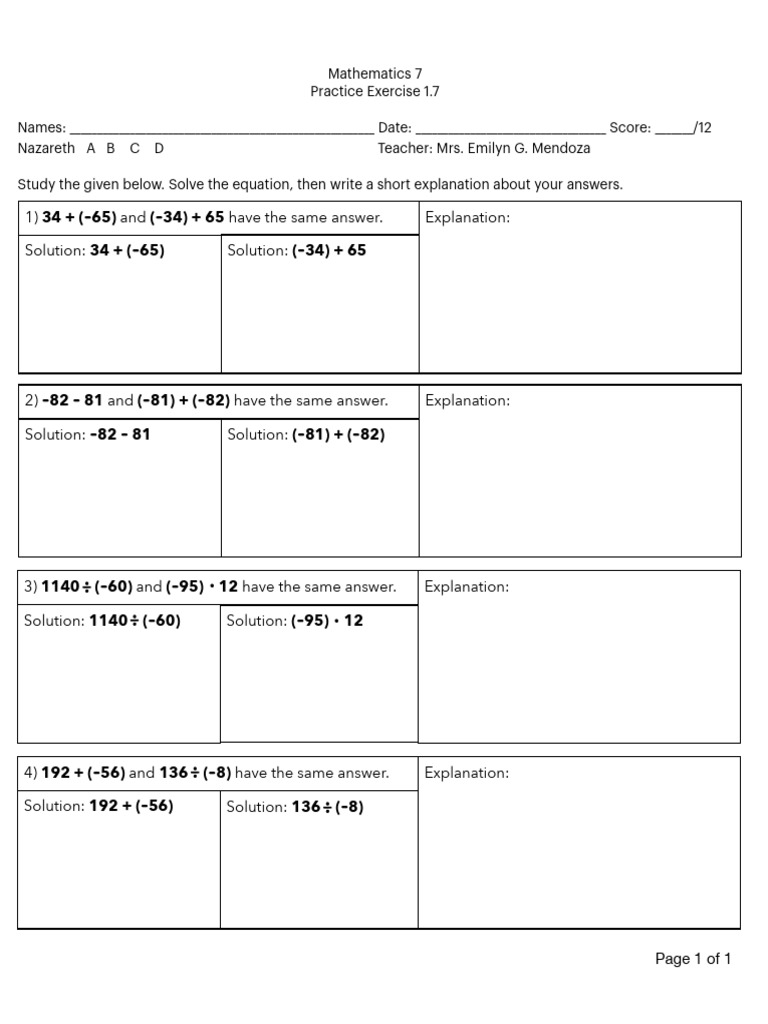 Math Practice Exercise 1.7 Solutions | PDF