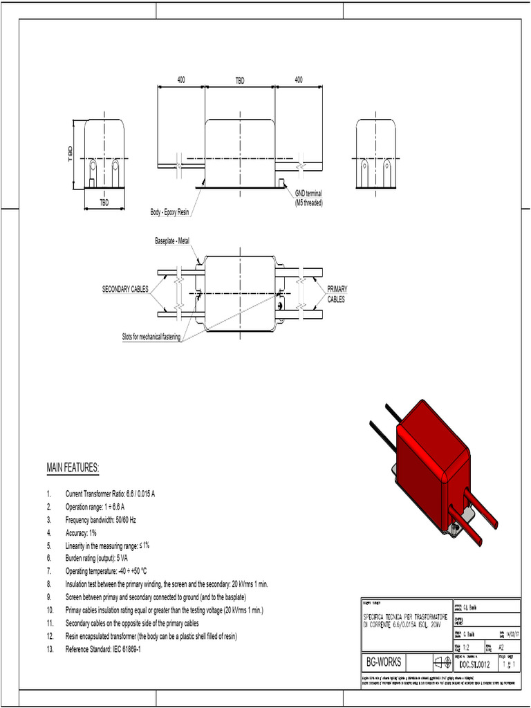 Ta - Doc - st.0012 - Specifica Tecnica Per Trasf. Di Corrente 6.6 - 0.015a Isol.20kv | PDF